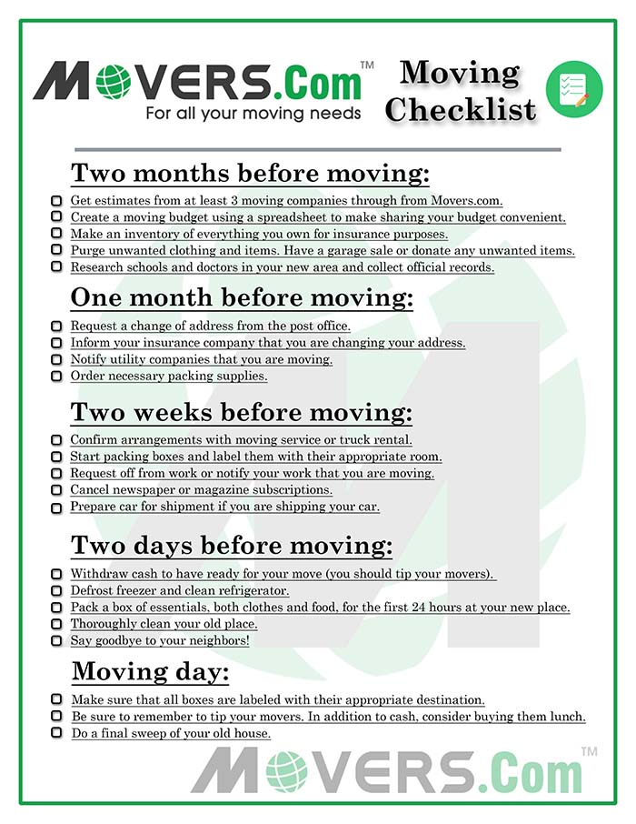 The Ultimate Moving Checklist - Movers.com The Ultimate Moving Checklist - Movers.com